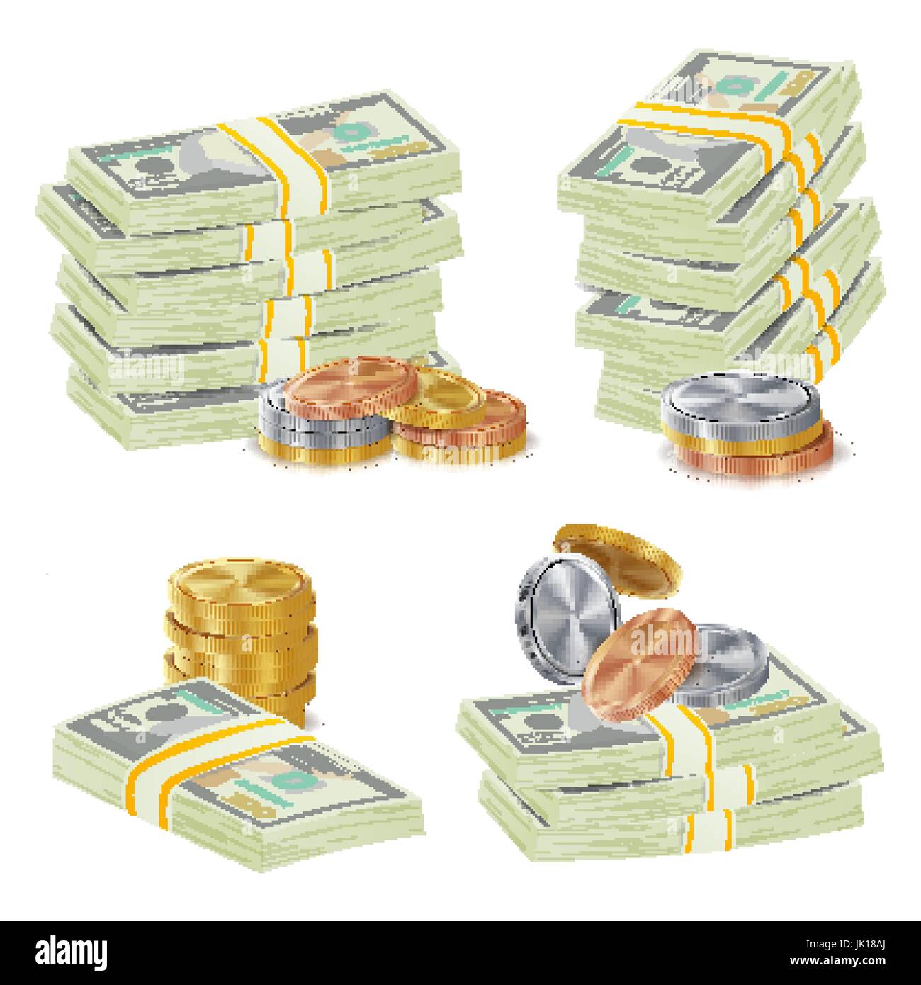 Money Banknotes Stacks Vector. 3D Cash, Gold Coins, Banknotes Piles ...