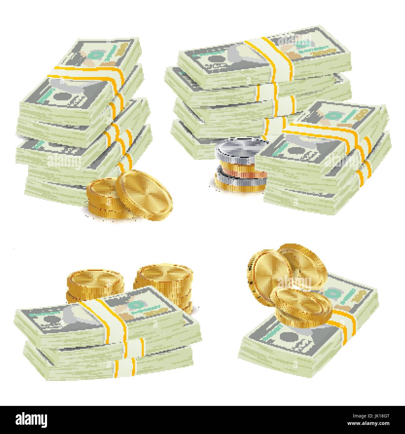 Money Stacks Bill, Coins Isolated Vector Illustration. Realistic Money ...