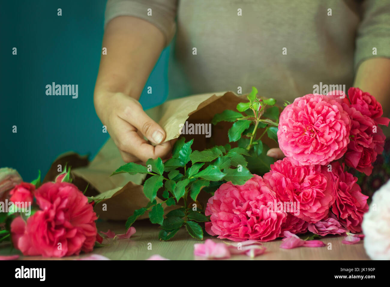 girl florist wraps beautiful pink roses in paper Stock Photo - Alamy