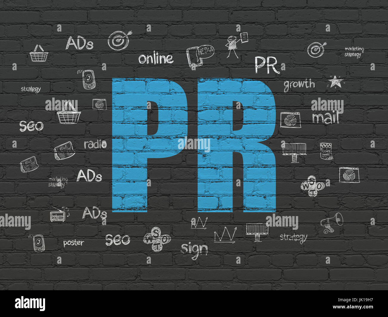 Marketing concept: PR on wall background Stock Photo - Alamy