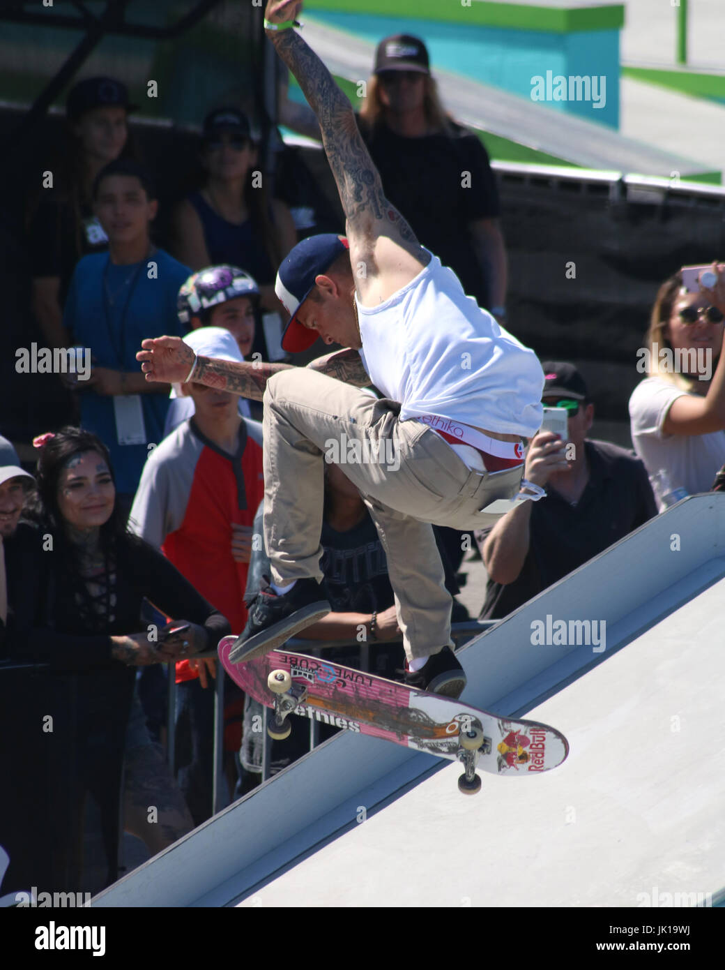 Professional Skateboarders compete at the 2017 Dew tour in Long Beach ...