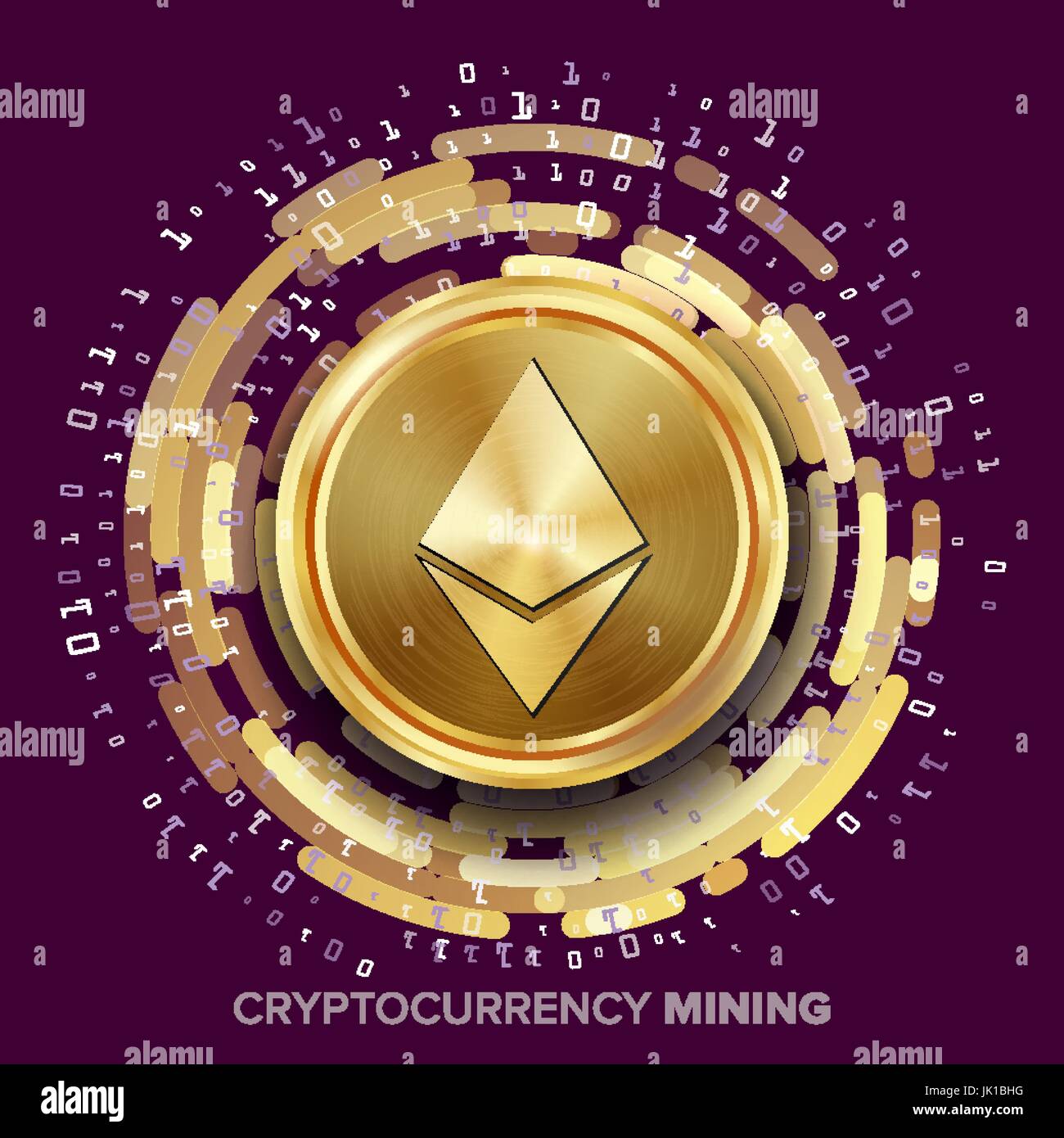 Mining Ethereum Cryptocurrency Vector. Golden Coin, Digital Stream ...