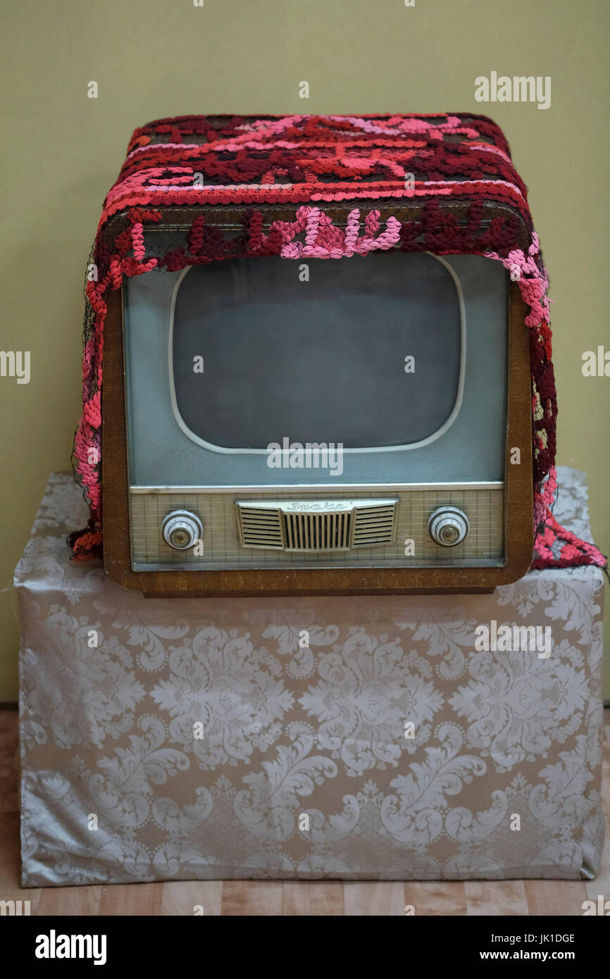 An old cathode ray tube (CRT) television set made in former USSR ...