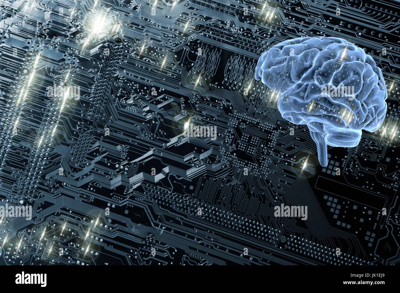Human brain against a computer circuit board,artificial intelligence ...
