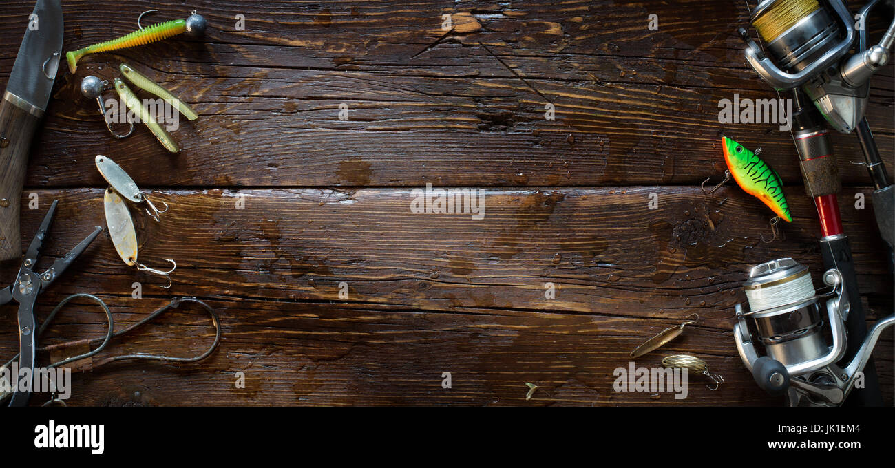 art sports fishing rod and tackle background Stock Photo - Alamy