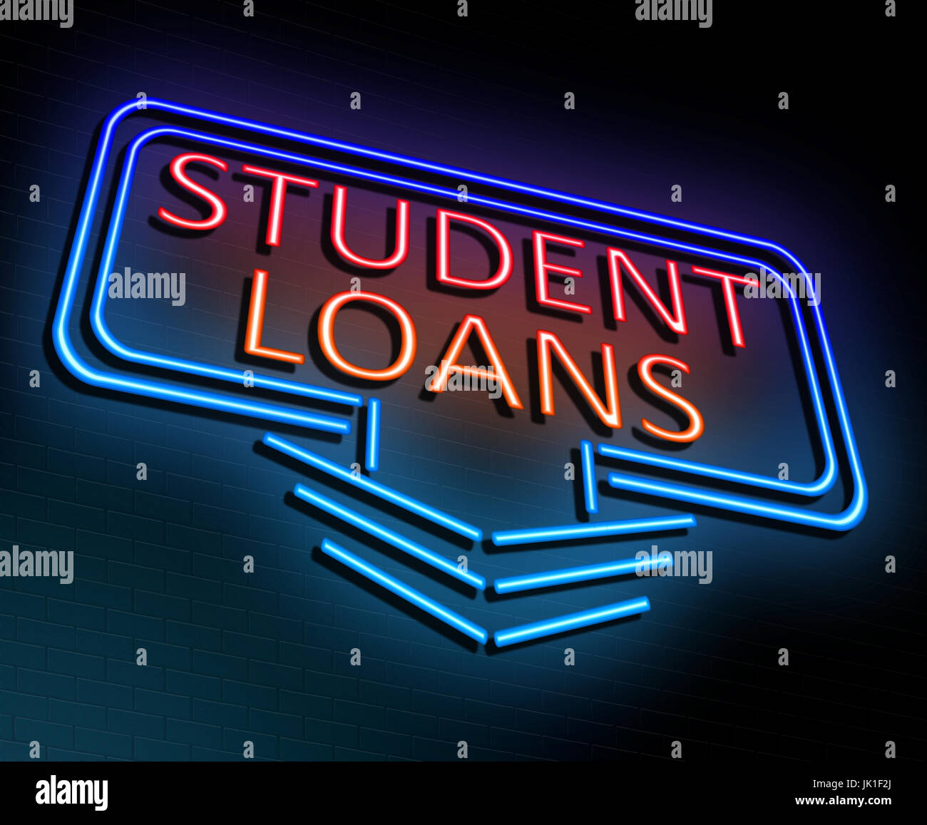 3d Illustration depicting an illuminated neon sign with a student loans ...