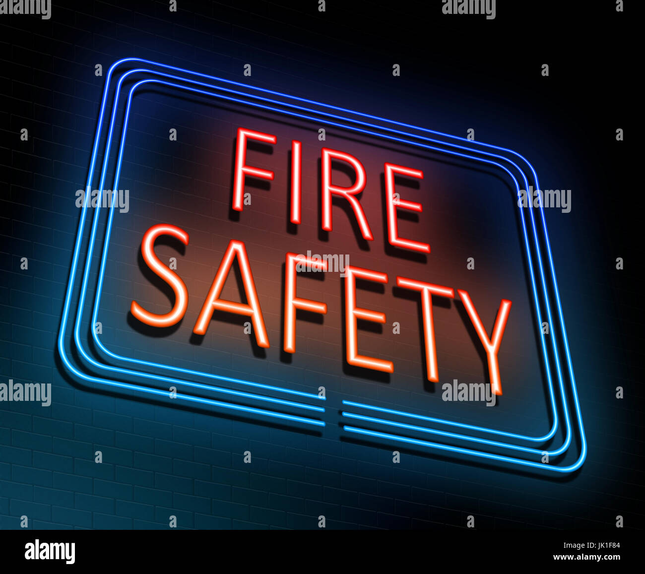 3d Illustration depicting an illuminated neon sign with a fire safety ...