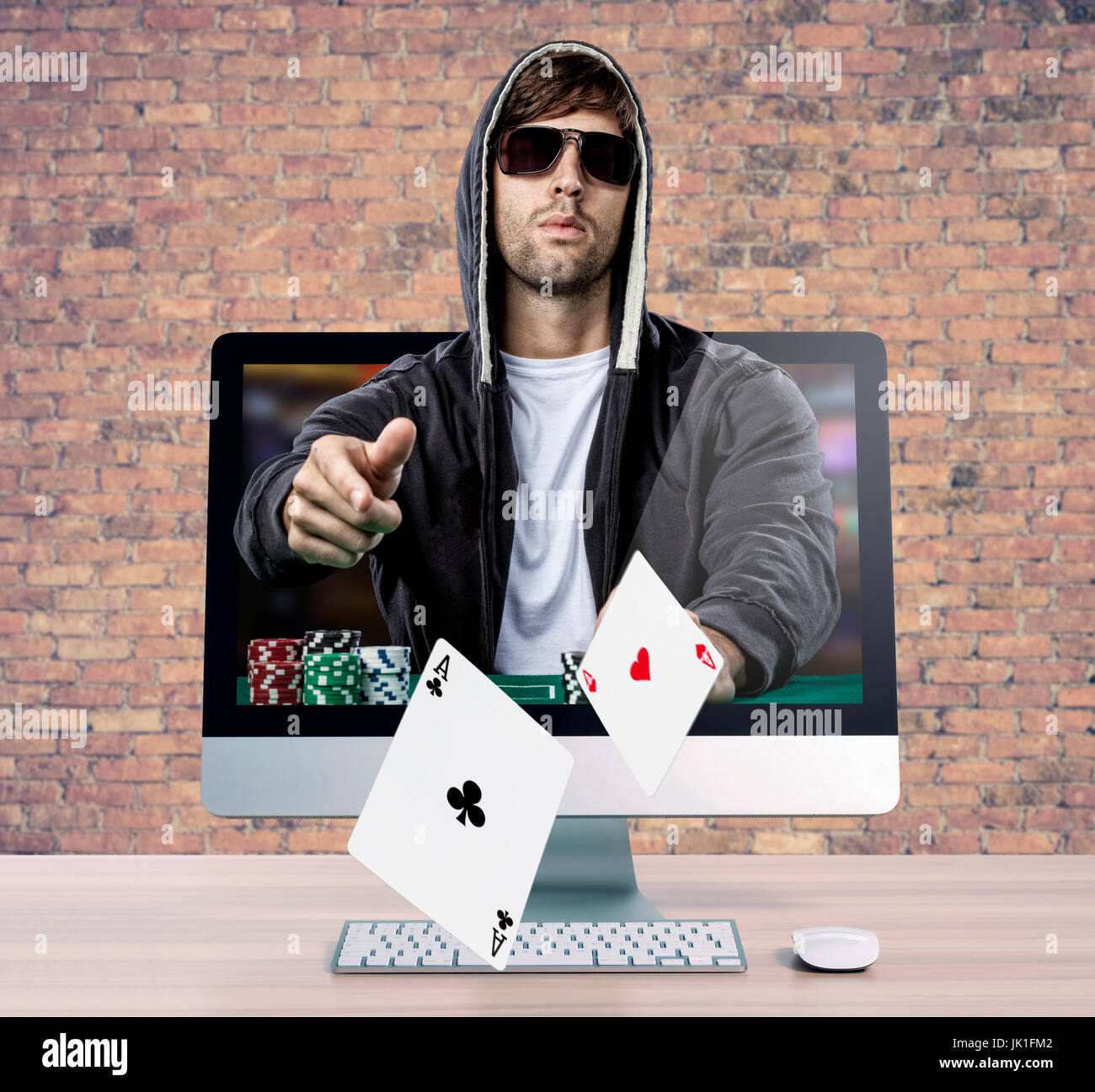 Online poker game, with the poker player coming out of the computer ...