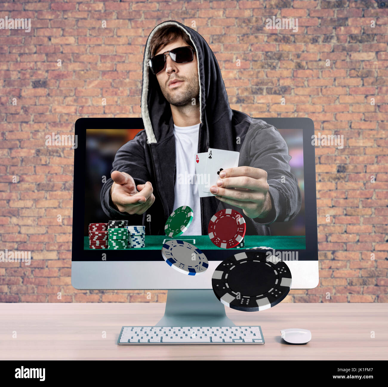 Online poker game, with the poker player coming out of the computer ...
