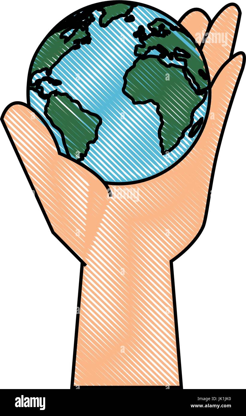 hand with earth planet icon over white background vector illustration ...