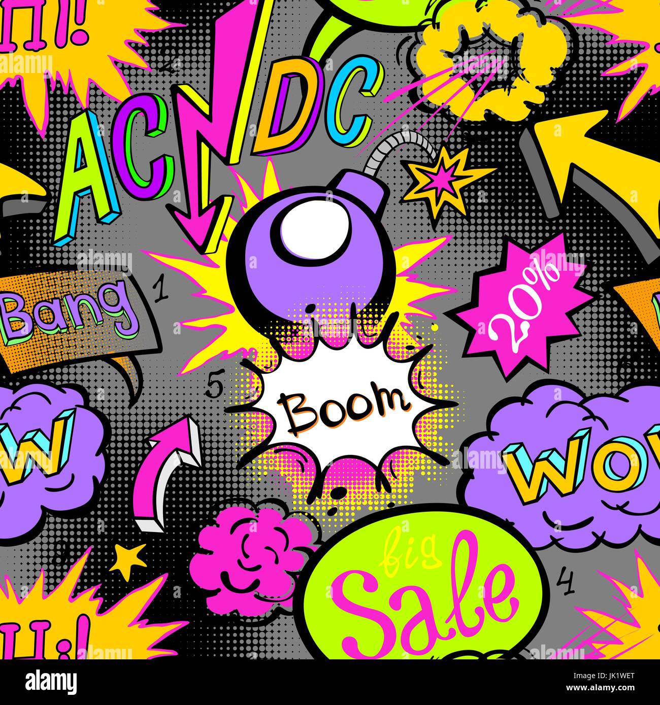 Comic book explosion pattern vector illustration seamless art acdc ...