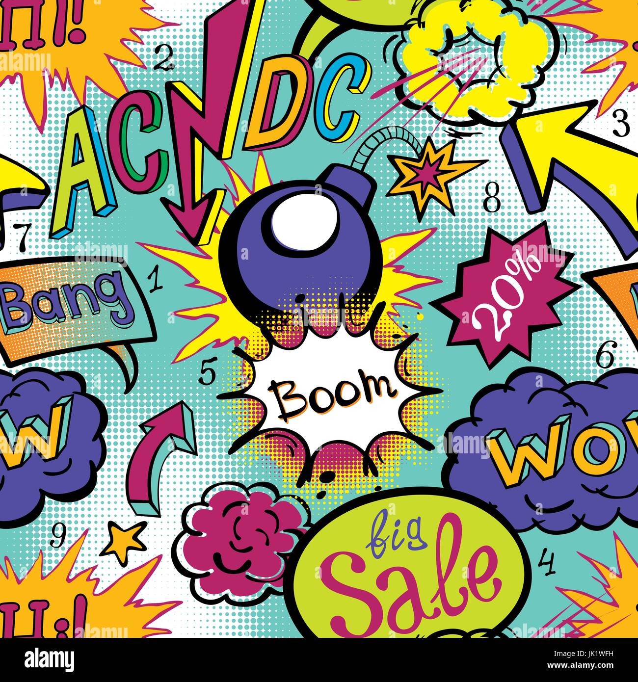 Comic book explosion pattern vector illustration seamless art acdc ...