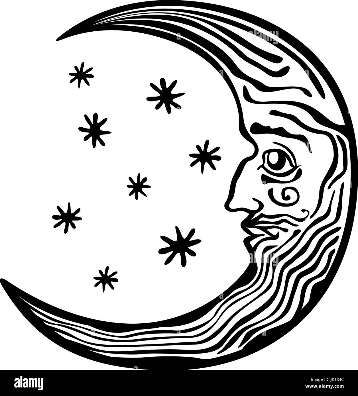 Decorative moon shape on the night sky folklore retro vintage art Stock ...