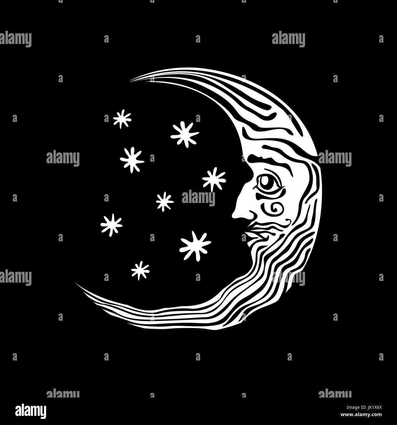 Decorative moon shape on the night sky folklore retro vintage art Stock ...