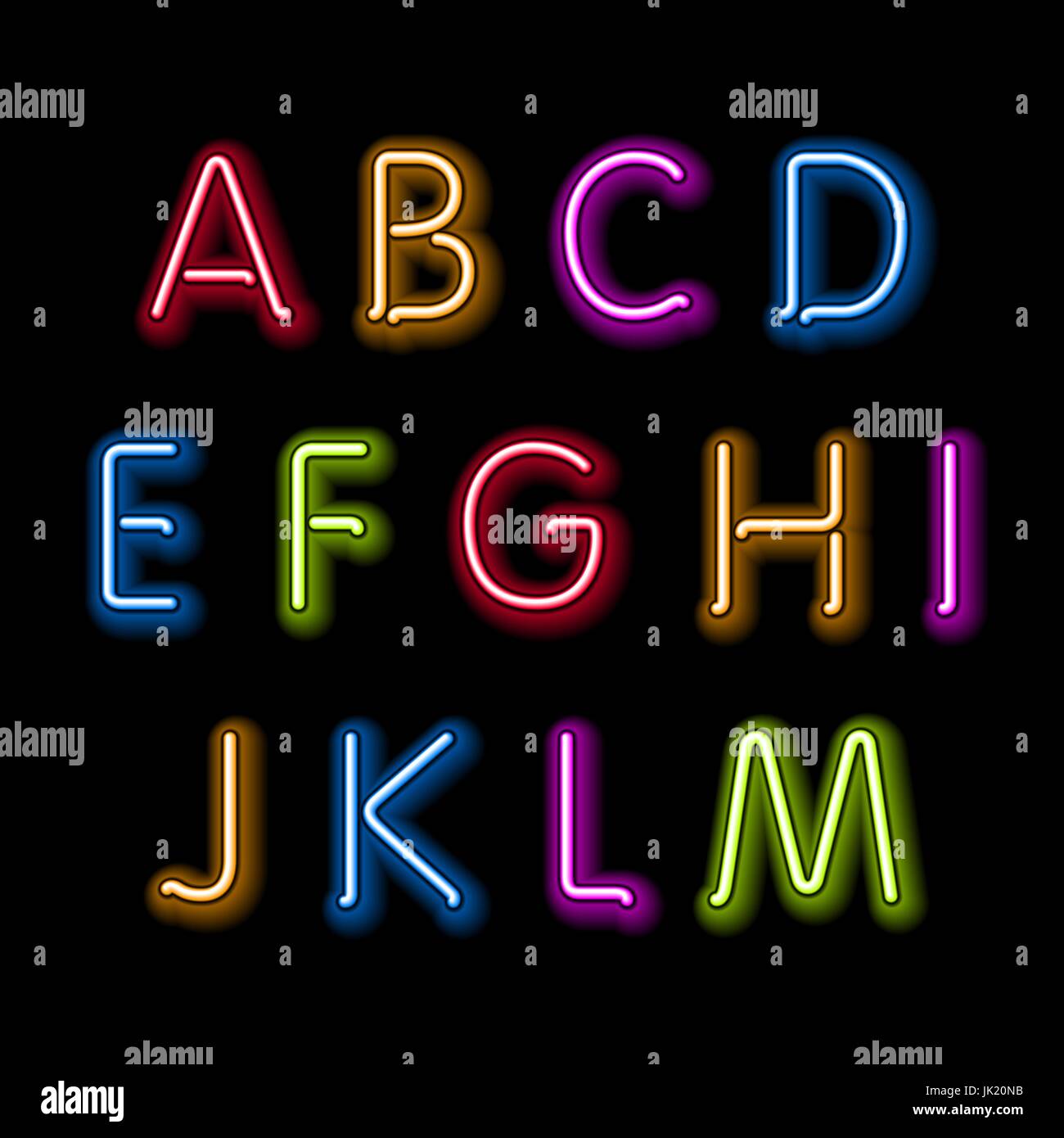 Neon glow alphabet. Vector design party retro 3d art neon font Stock ...