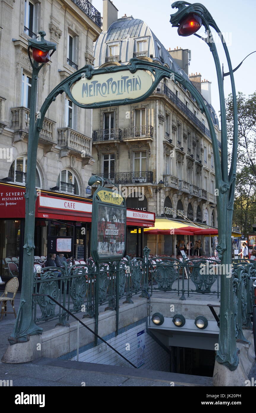 Metropolitan underground subway train station sign, centre of Paris ...