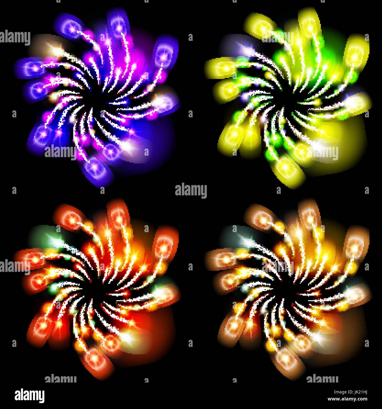 Festive patterned firework bursting in various shapes sparkling ...