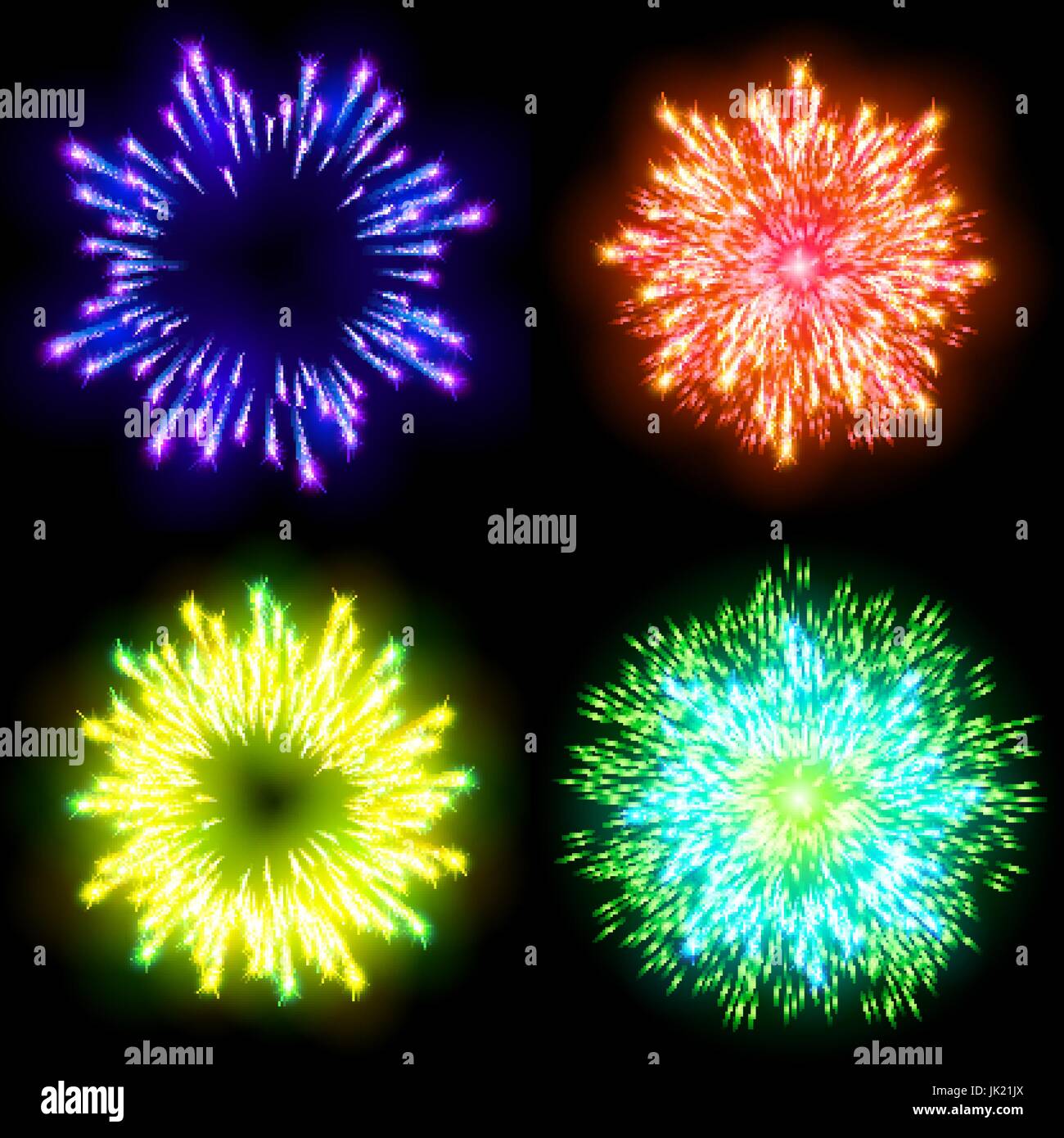 Festive patterned firework bursting in various shapes sparkling ...
