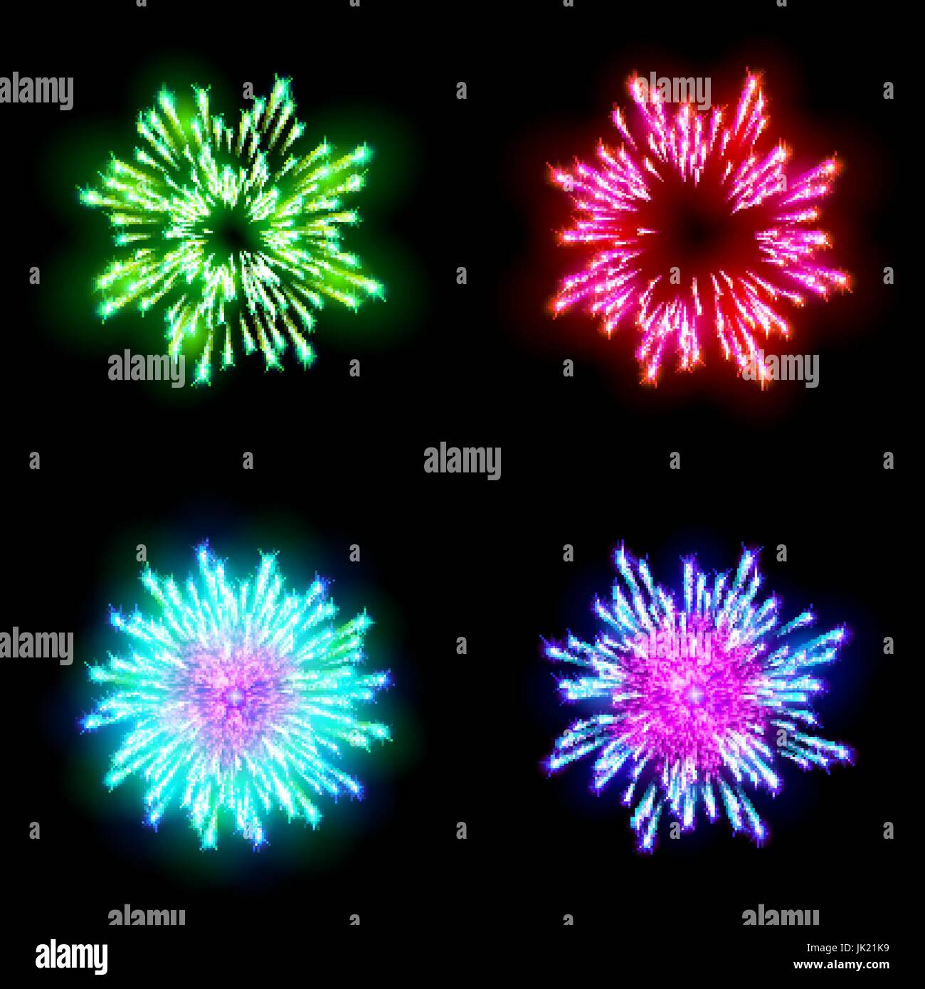 Festive patterned firework bursting in various shapes sparkling ...