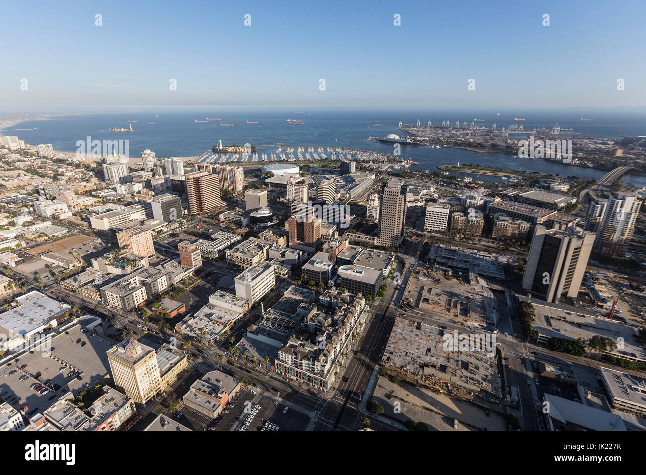 Aerial view of downtown streets and buildings in Long Beach, California ...