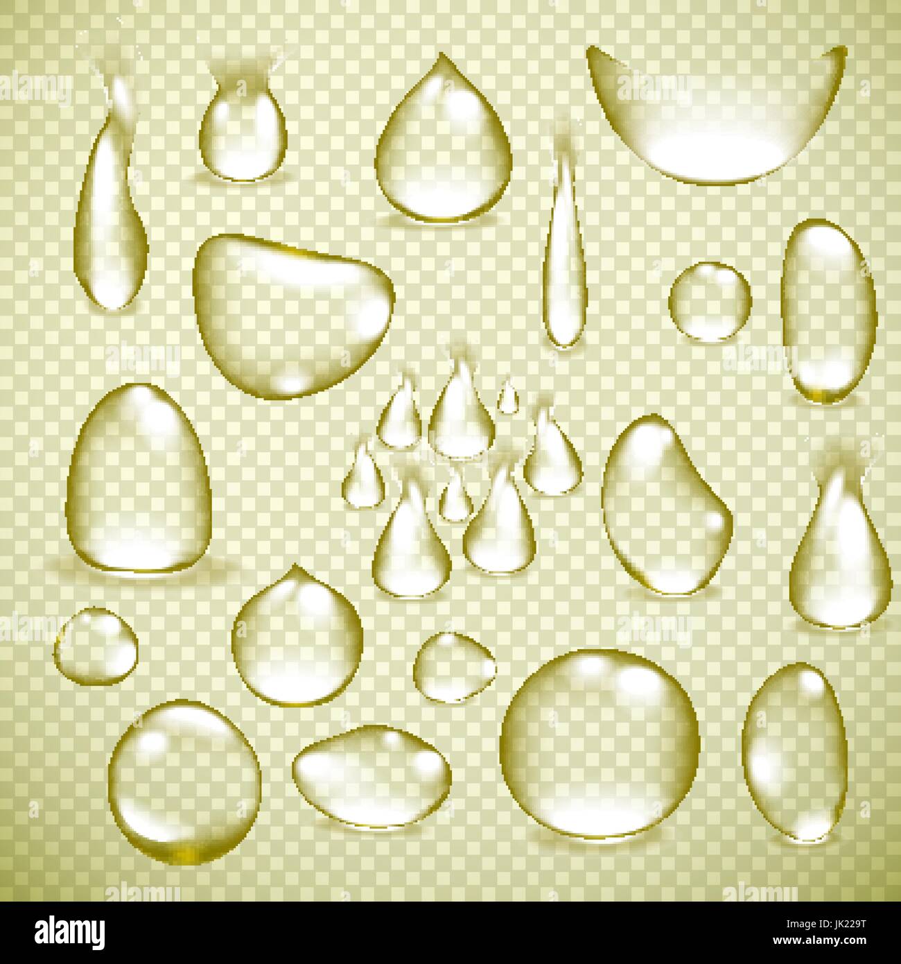 Set of six transparent drops of different forms in yellow colors art ...