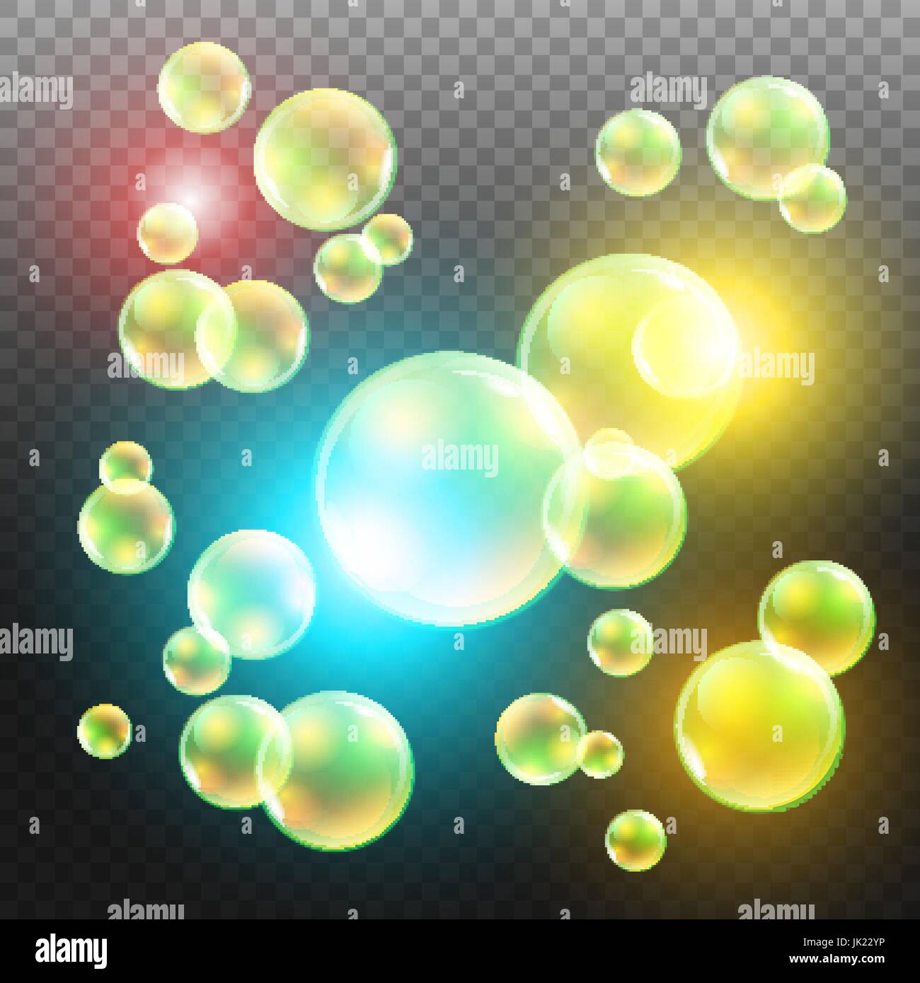 Transparent multicolored soap bubbles vector set on plaid background ...