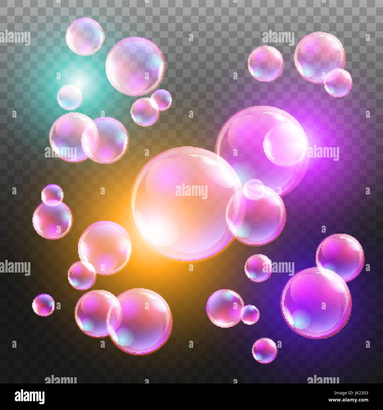Transparent multicolored soap bubbles vector set on plaid background ...