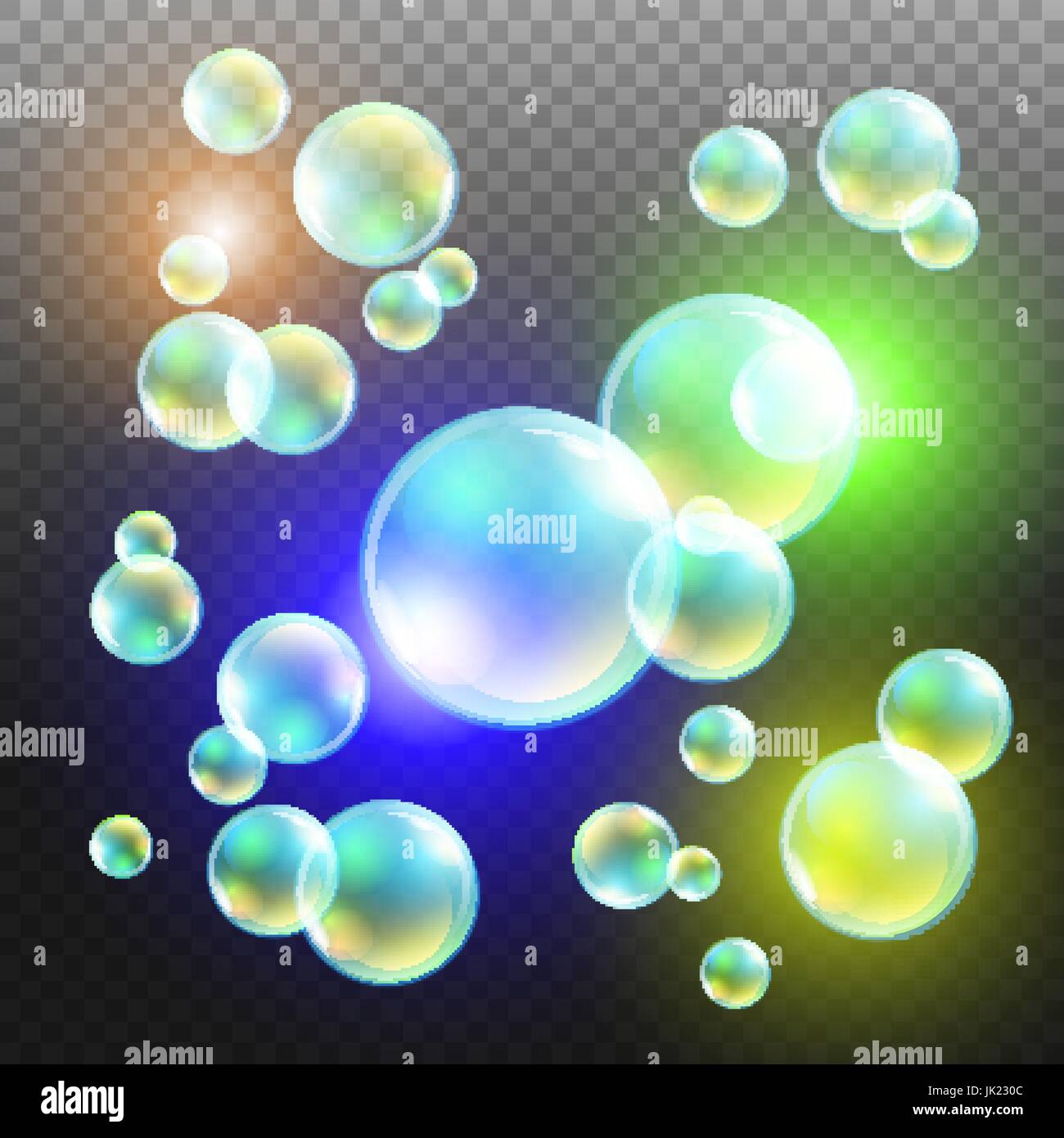 Transparent multicolored soap bubbles vector set on plaid background ...