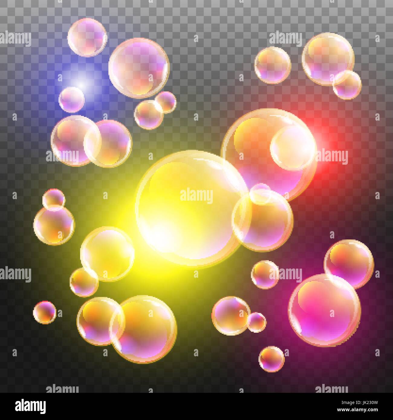 Transparent multicolored soap bubbles vector set on plaid background ...