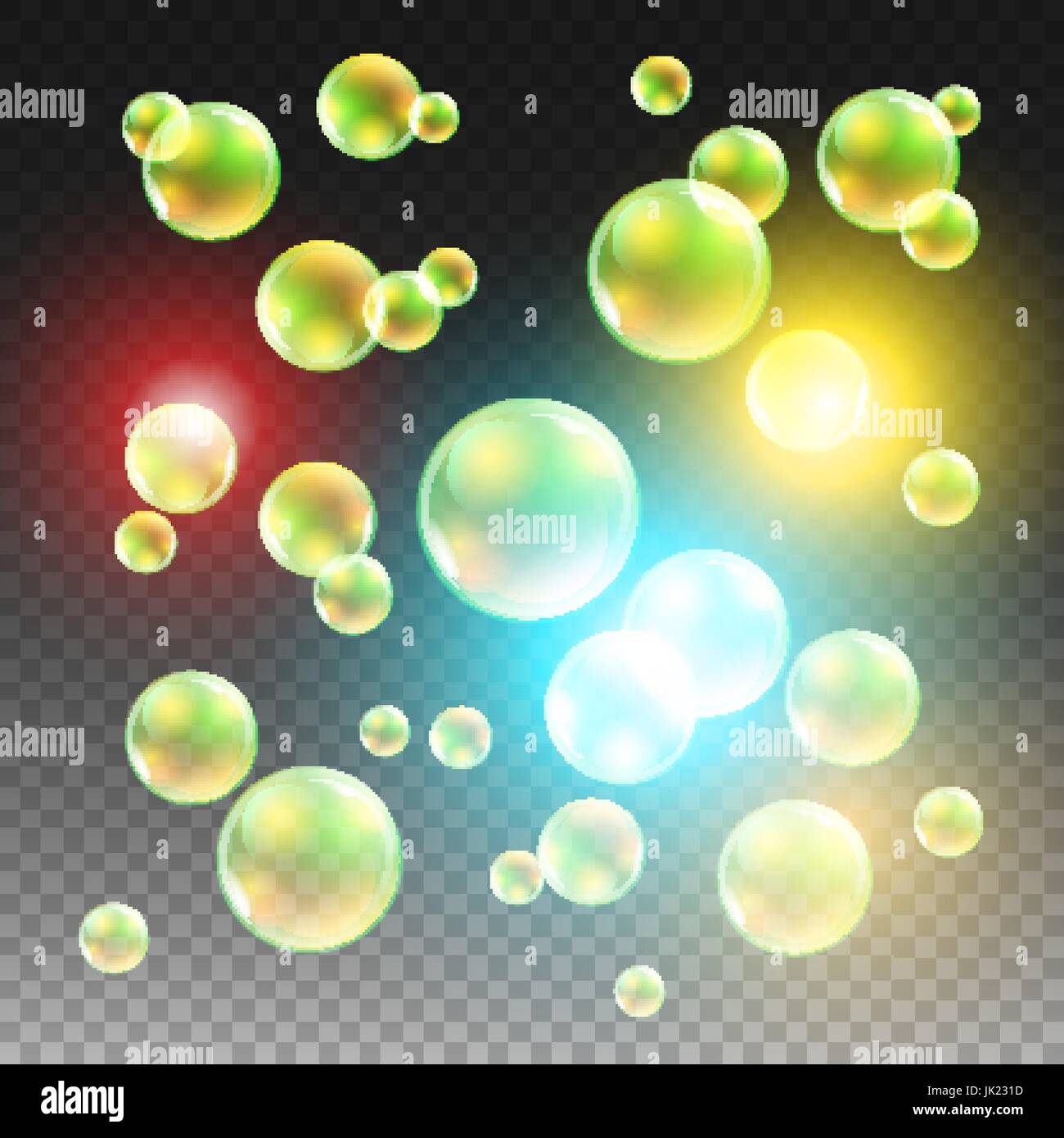 Transparent multicolored soap bubbles vector set on plaid background ...