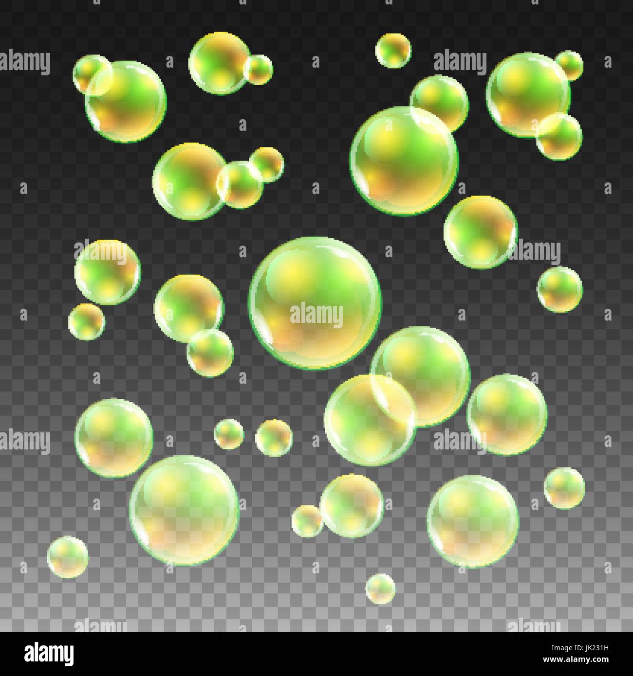 Transparent gold soap bubbles vector set on plaid background. Sphere ...