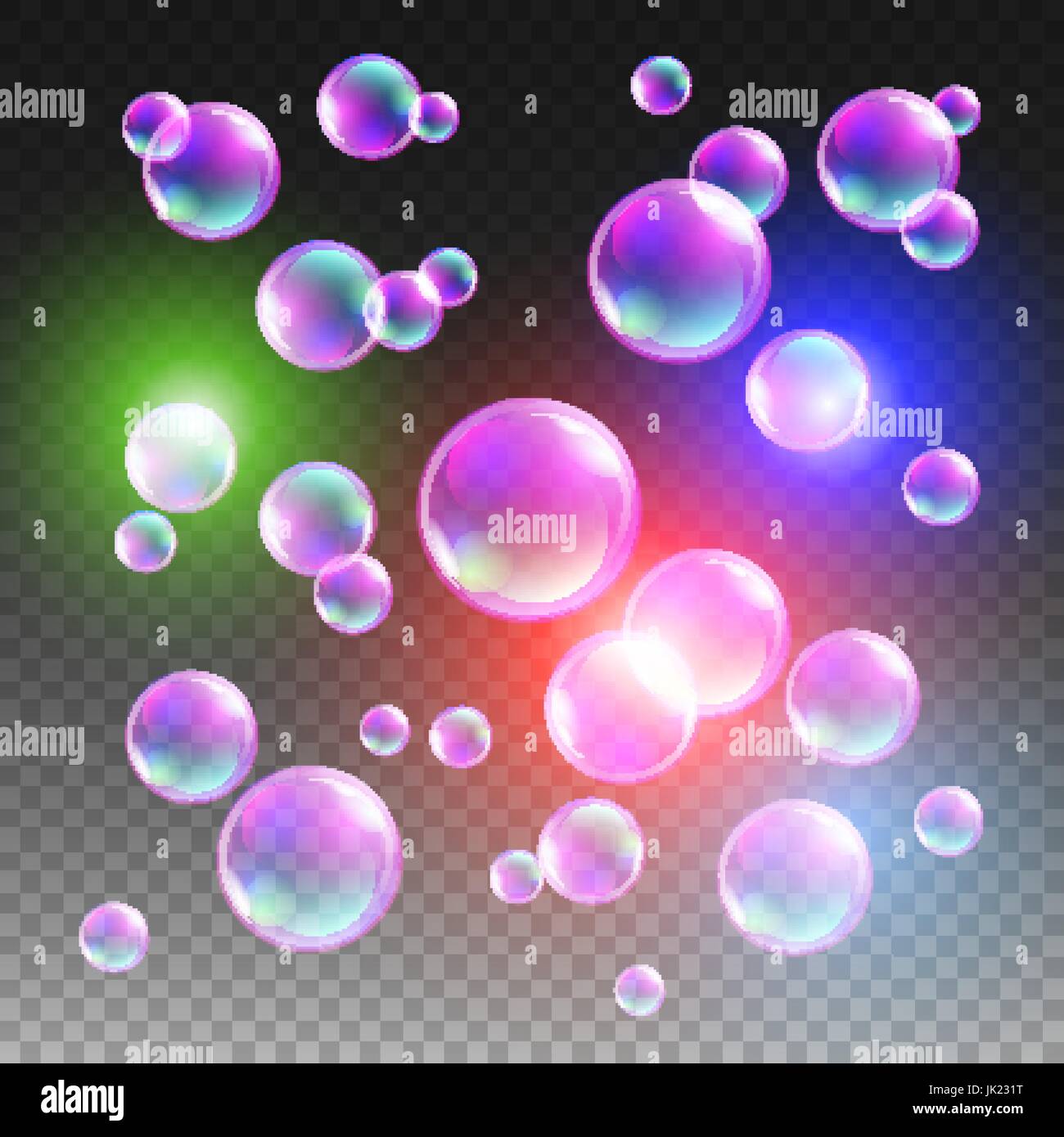 Transparent multicolored soap bubbles vector set on plaid background ...