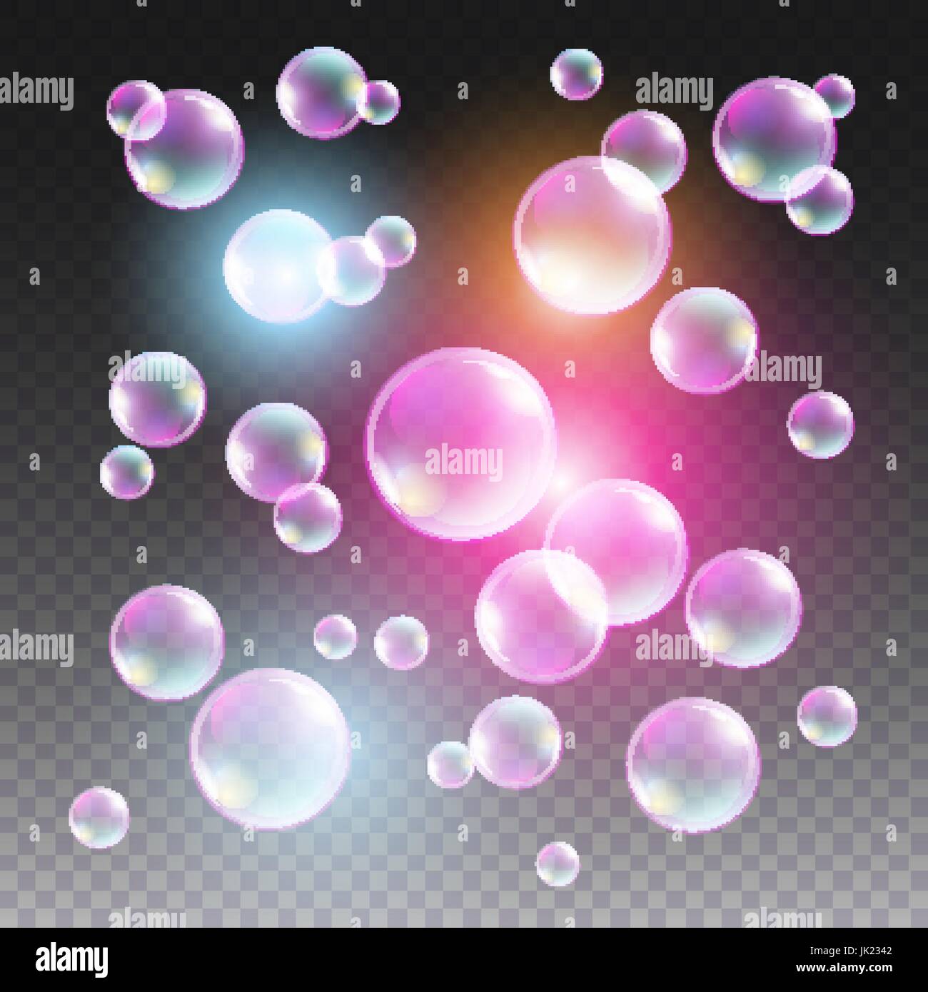 Transparent multicolored soap bubbles vector set on plaid background ...
