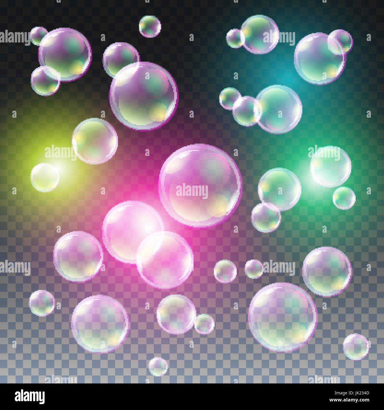 Transparent multicolored soap bubbles vector set on plaid background ...