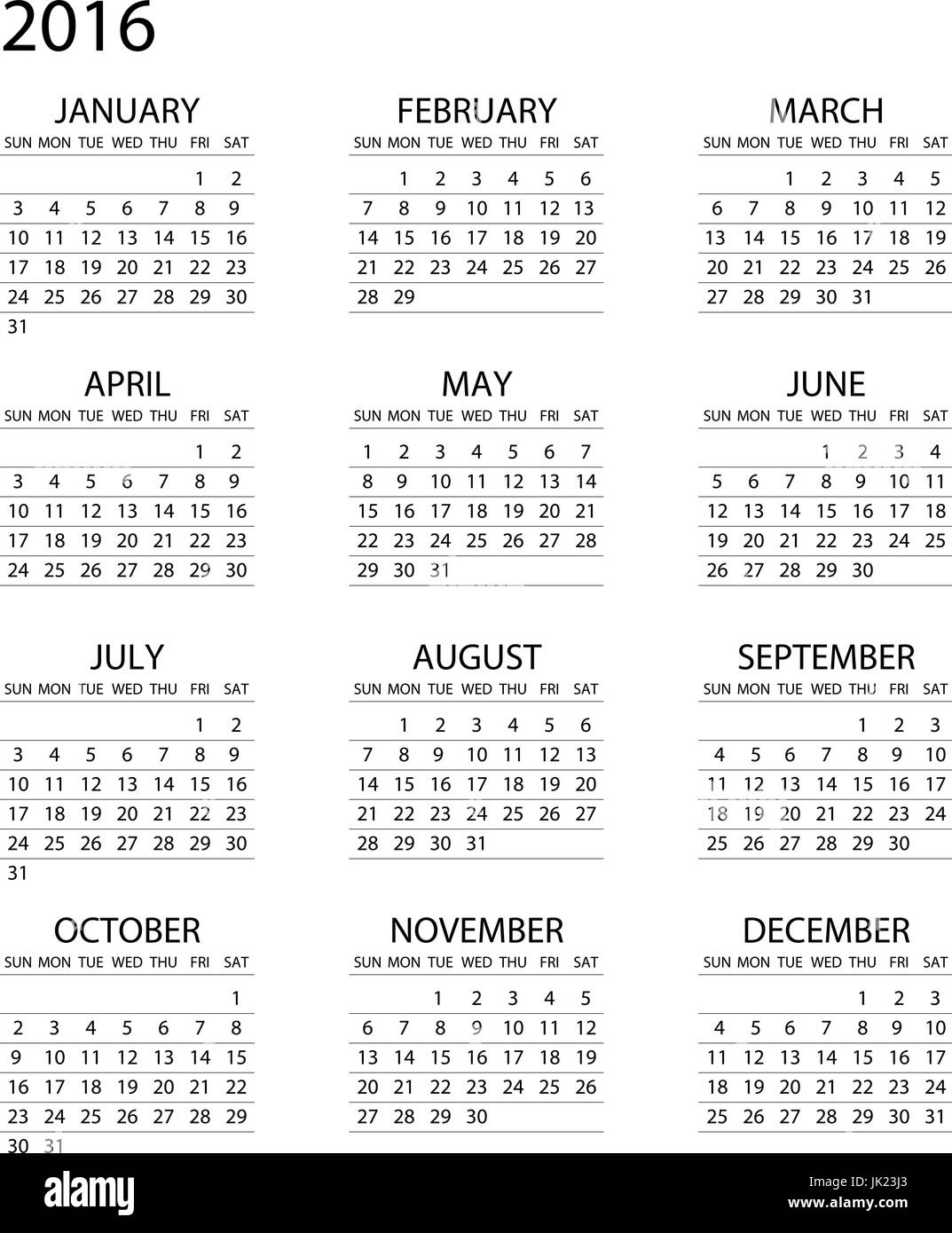 Calendar for 2016 on White Background. Week Starts Monday. Simple ...