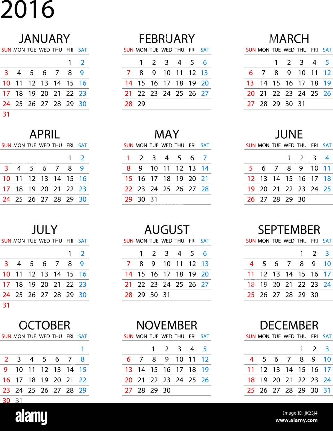 Calendar for 2016 on White Background. Week Starts Monday. Simple ...