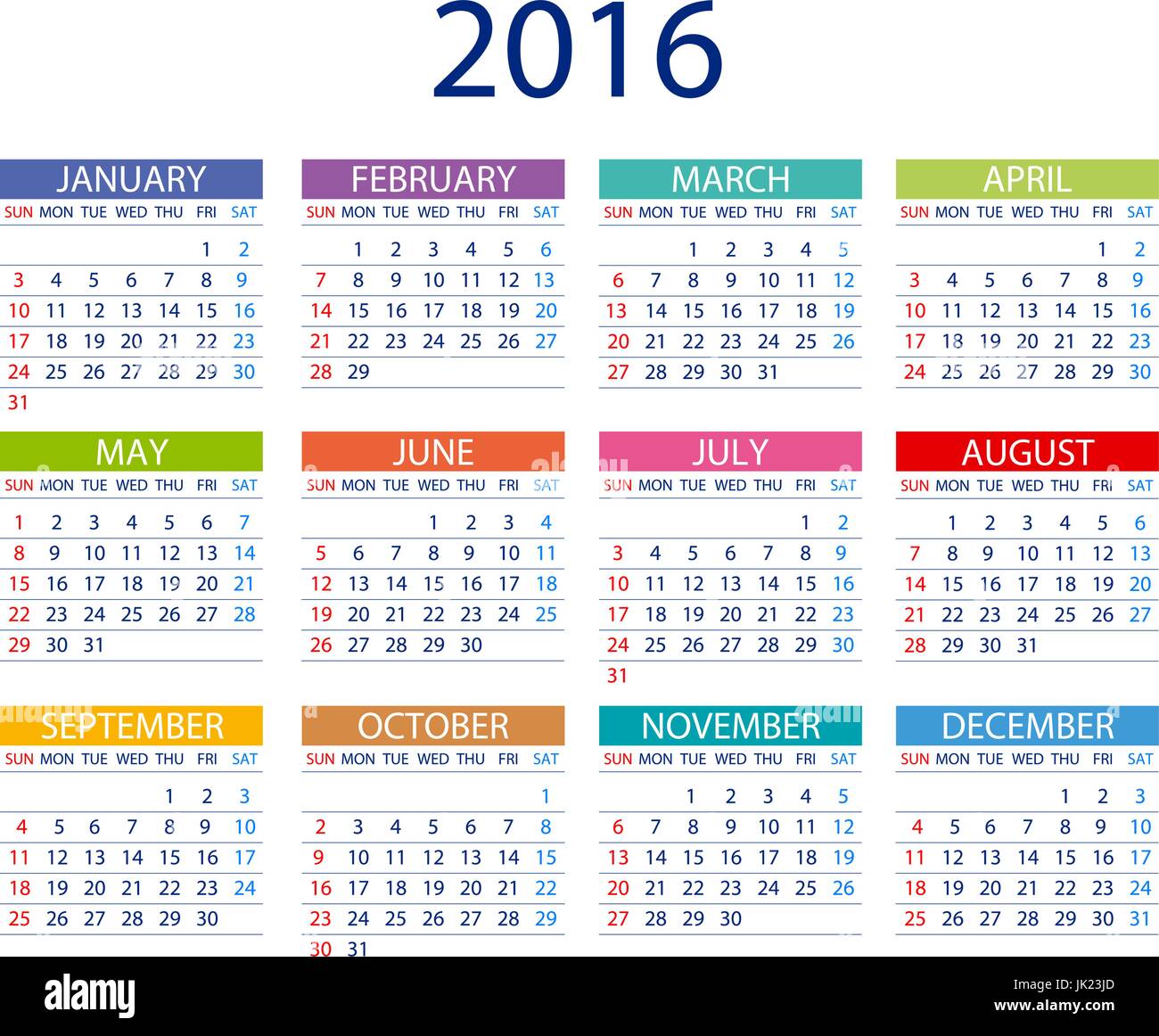 Calendar for 2016 on White Background. Week Starts Monday. Simple ...