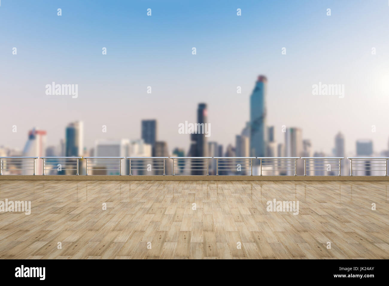 wooden empty terrace on cityscape and blue sky background Stock Photo ...