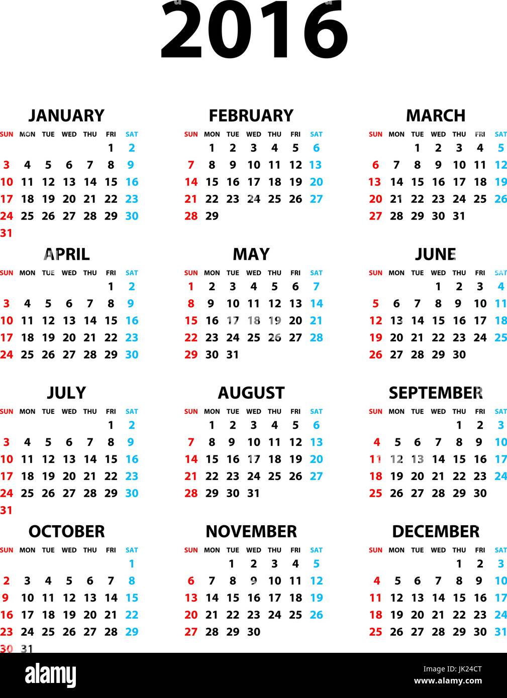 Calendar for 2016 on White Background. Week Starts Monday. Simple ...