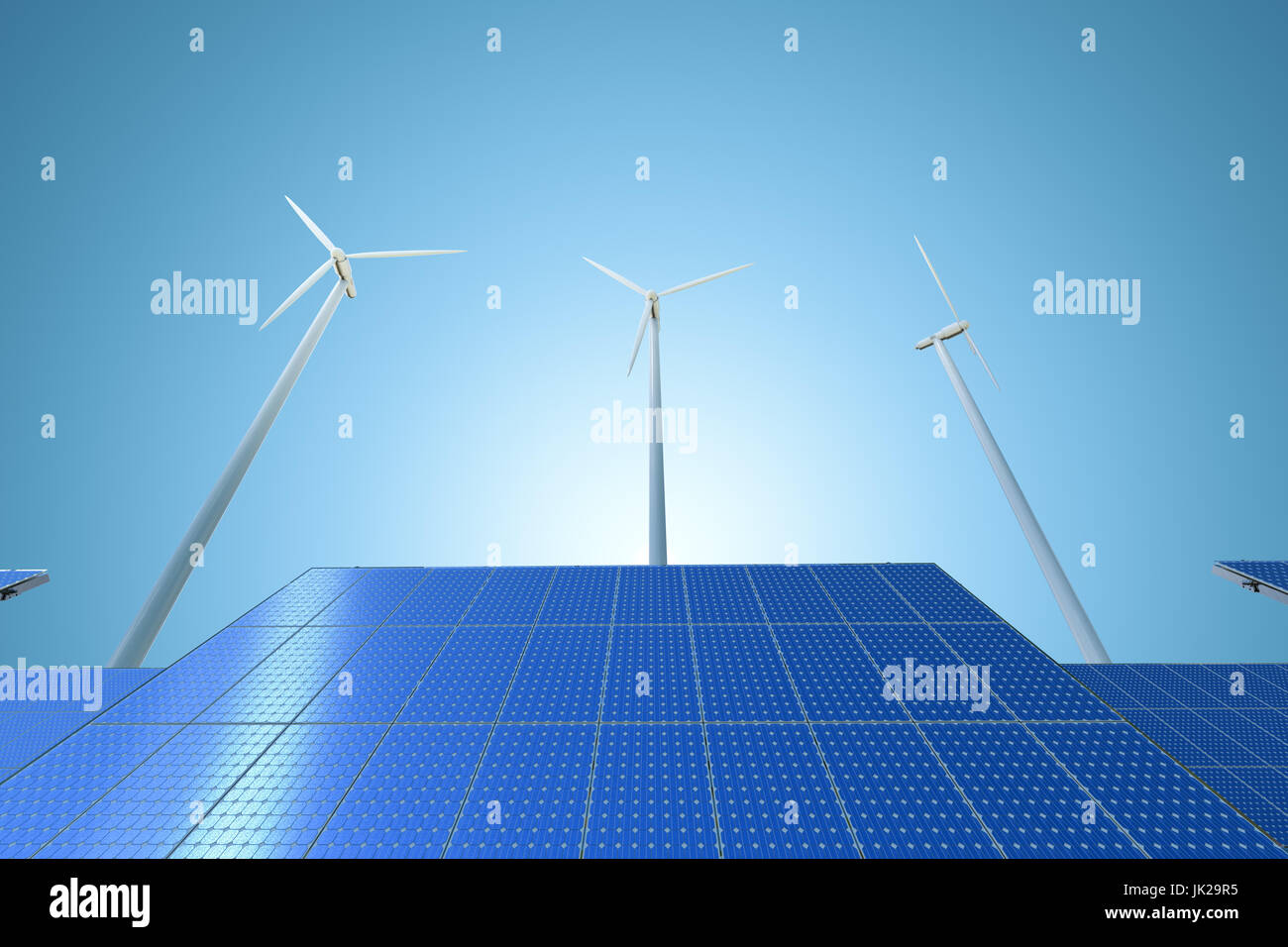 alternative energy concept with 3d rendering wind turbines and solar ...