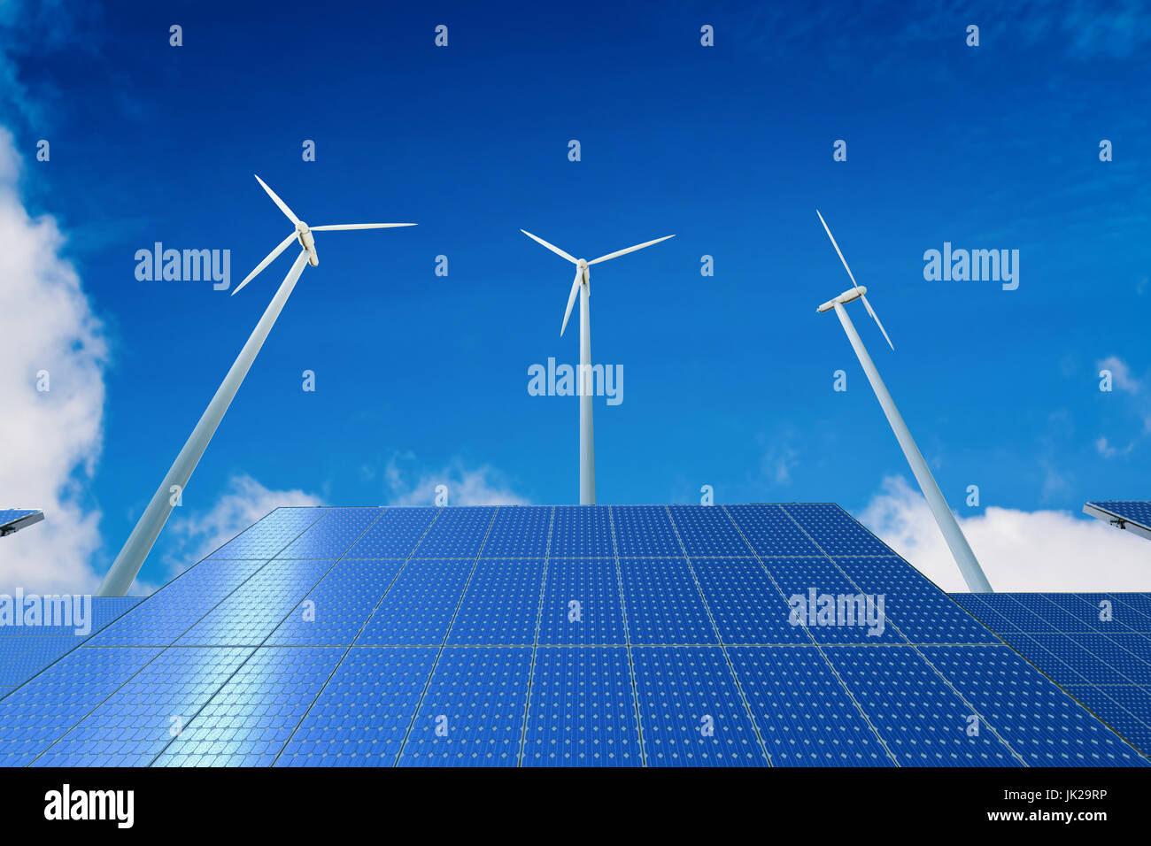 alternative energy concept with 3d rendering wind turbines and solar ...