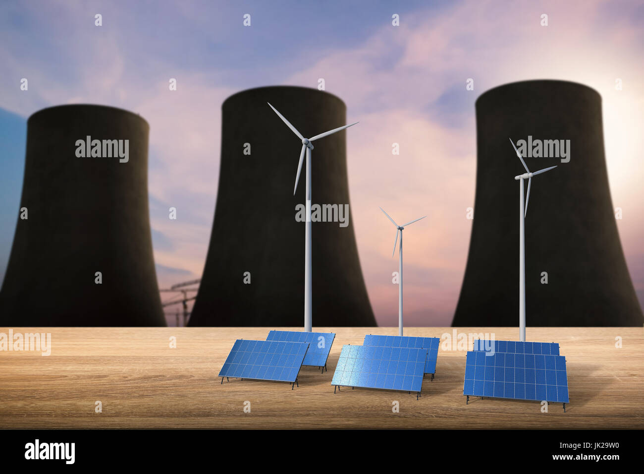 energy concept with 3d rendering solar cells, wind turbines and nuclear ...