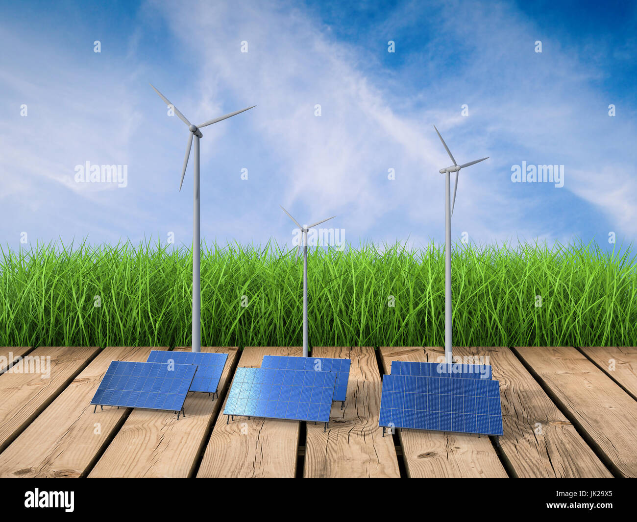 alternative energy concept with 3d rendering wind turbines and solar ...