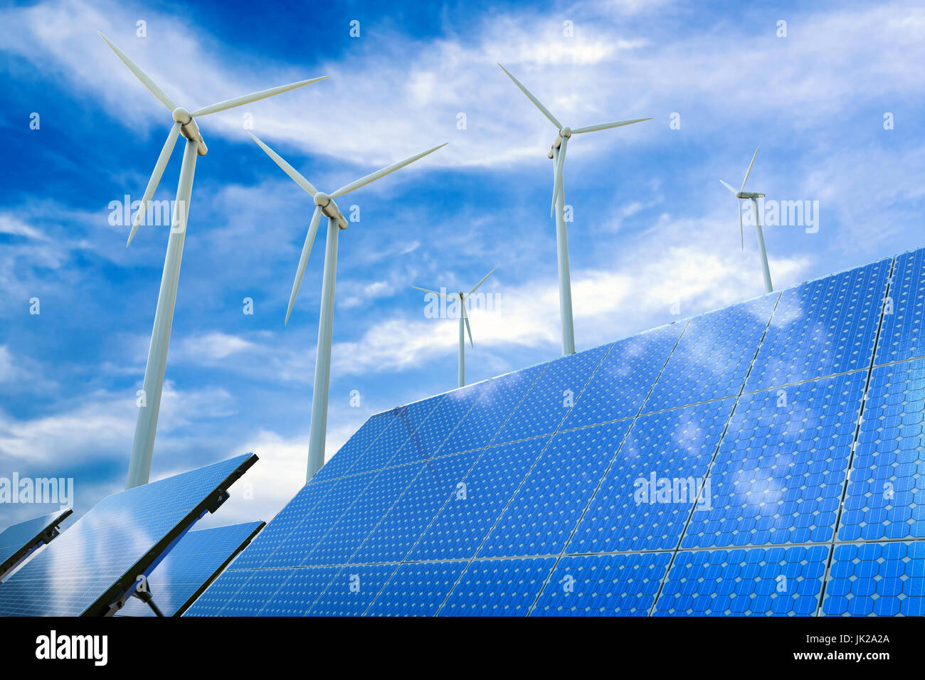 alternative energy concept with 3d rendering wind turbines and solar ...