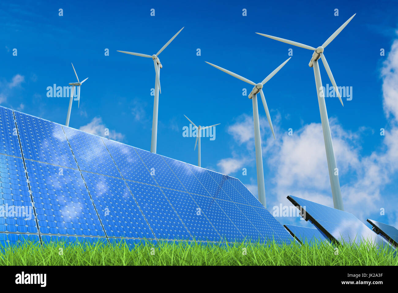 alternative energy concept with 3d rendering wind turbines and solar ...