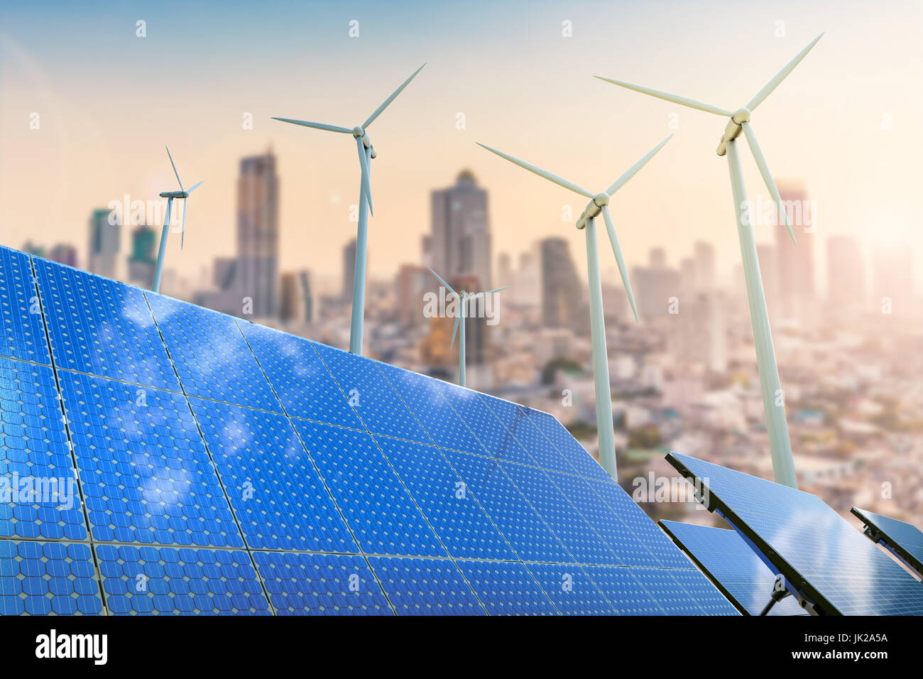 alternative energy concept with 3d rendering wind turbines and solar ...