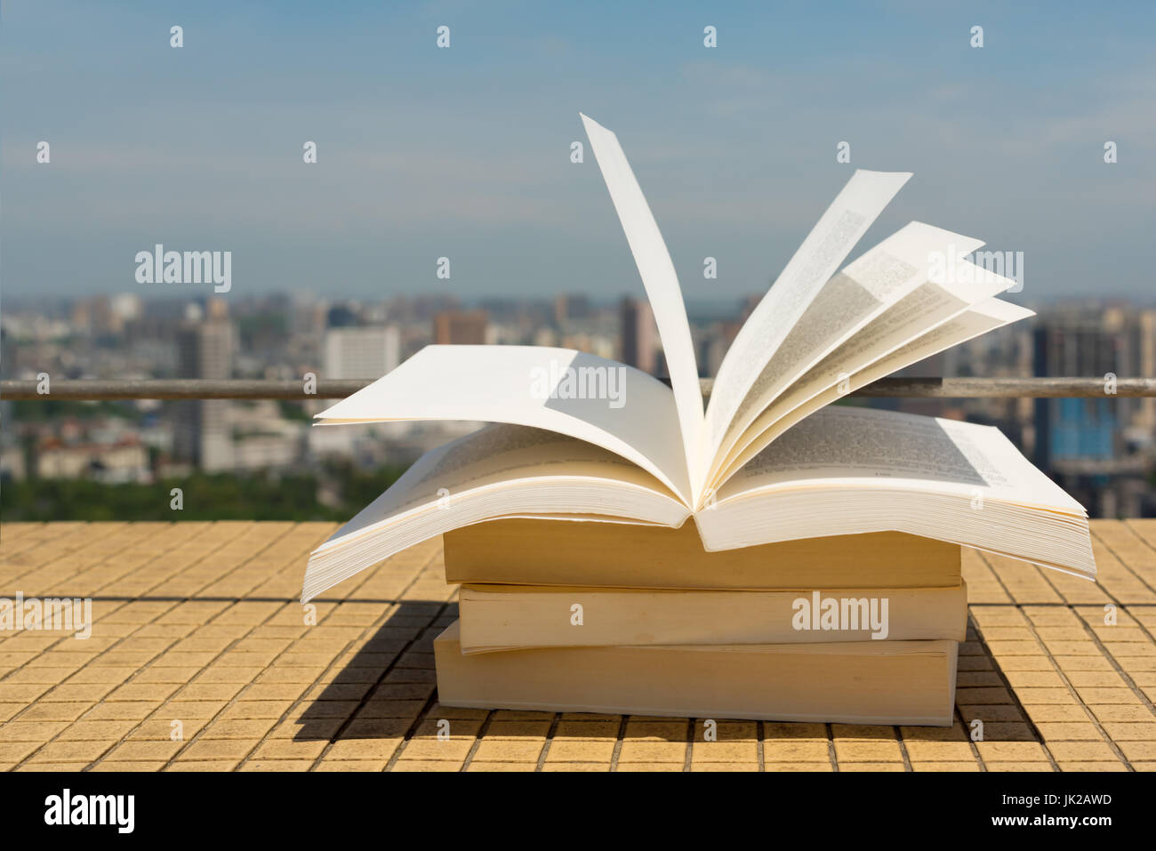 Books stack on a roof with the city in the background Stock Photo - Alamy