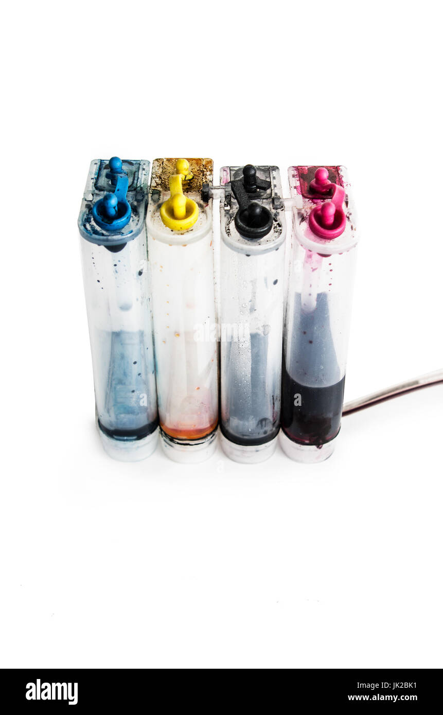 Close up of color tank, blue, yellow, black and red on inkjet printer ...