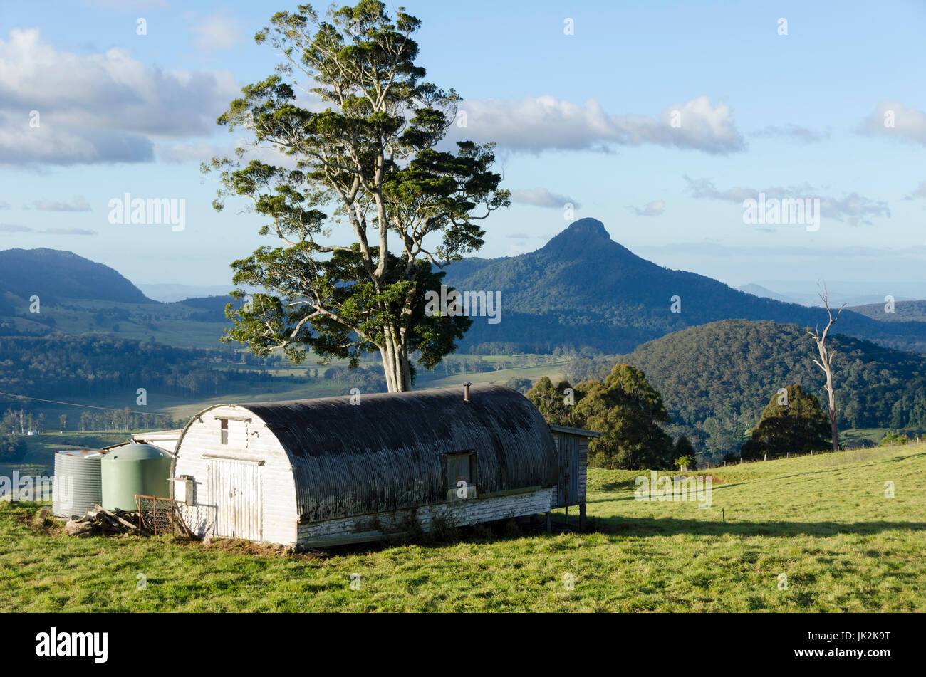 Round barn, tree, and mountain, Main Range National Park, Queensland ...