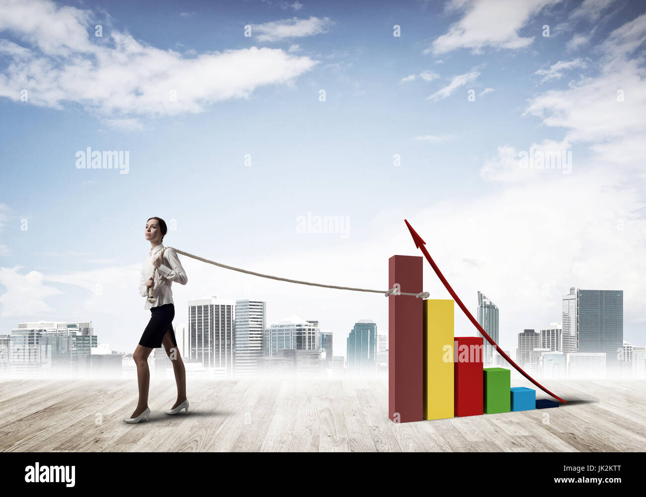 Businesswoman pulling arrow with rope and making it raise up Stock ...